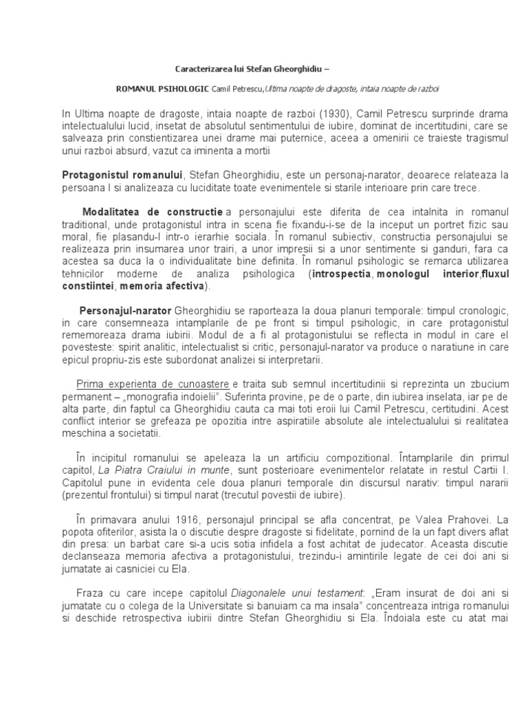 Caracterizarea Lui Stefan Gheorghidiu - ROMANUL PSIHOLOGIC Camil Petrescu, Ultima Noapte de ...