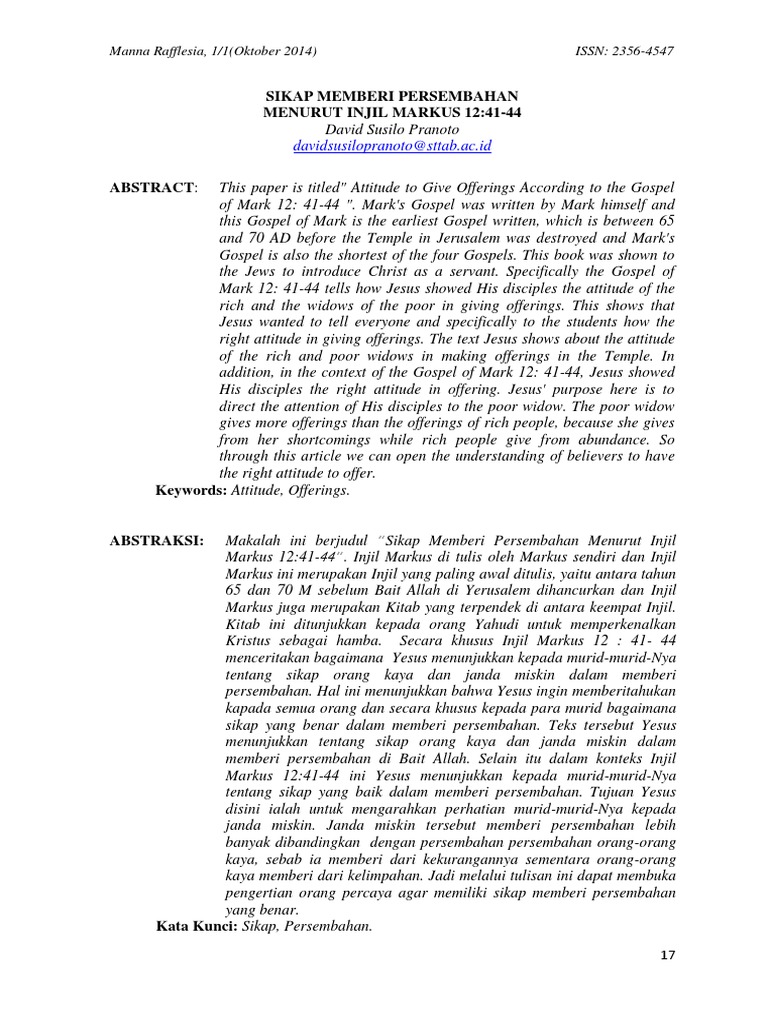 Sikap Memberi Persembahan Menurut Injil Markus 12:41-44 | PDF | Gospel ...