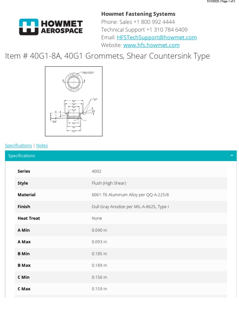 Item # 40G1-8A, 40G1 Grommets, Shear Countersink Type | PDF