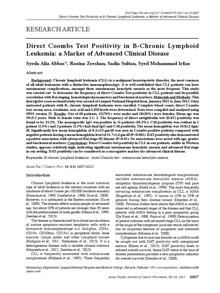 Direct Coombs Test Positivity in B-Chronic Lymphoid Leukemia: A Marker ...