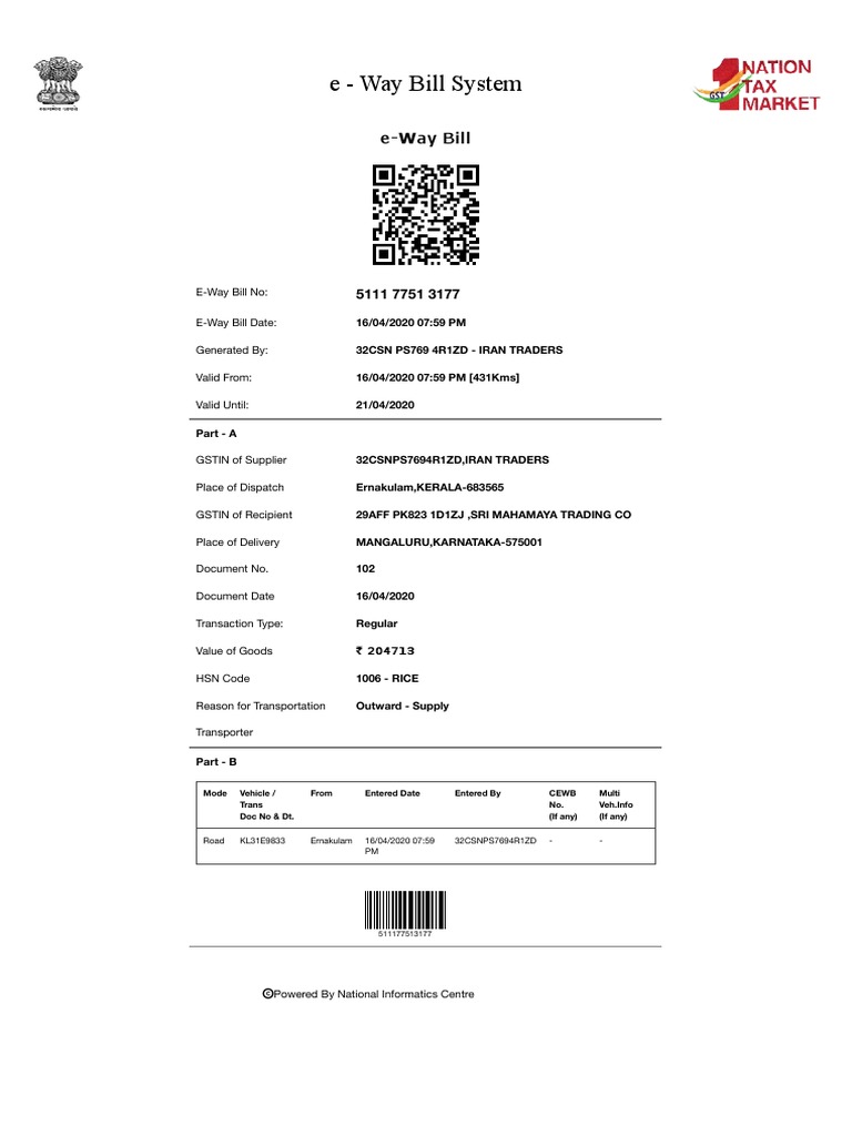 e-Way Bill for Rice Shipment | PDF