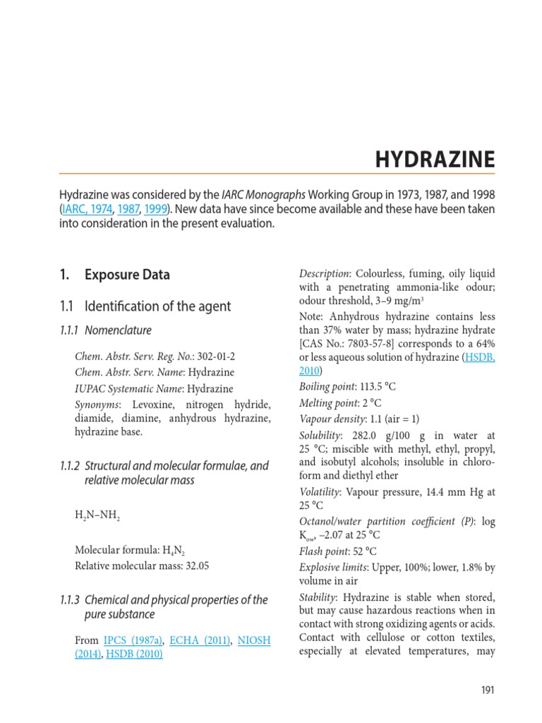 Hydrazine: 1. Exposure Data | PDF | Toxicity | Dangerous Goods