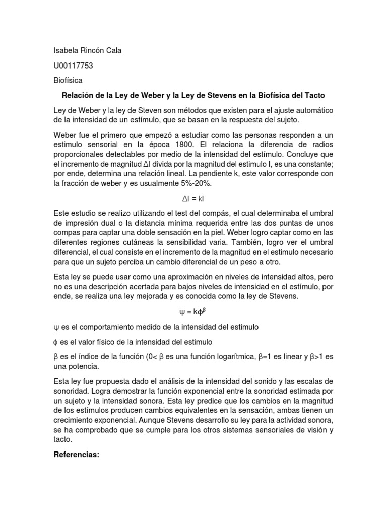 Relación de La Ley de Weber y La Ley de Stevens en La Biofísica Del ...