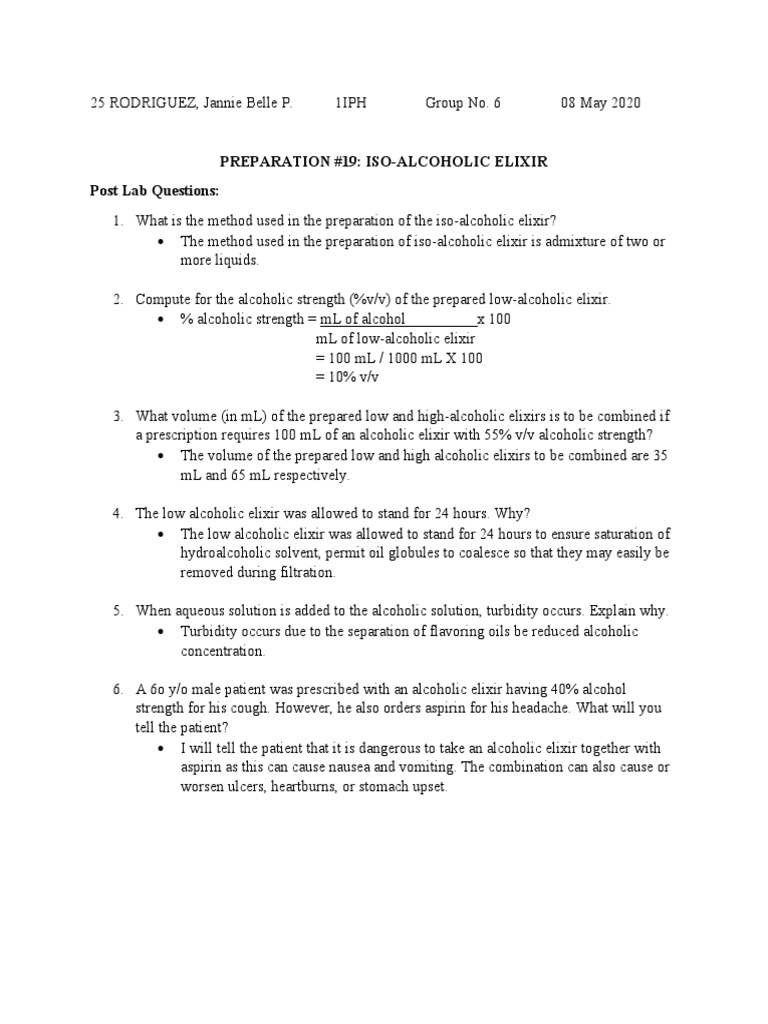 Preparation #19: Iso-Alcoholic Elixir Post Lab Questions | PDF