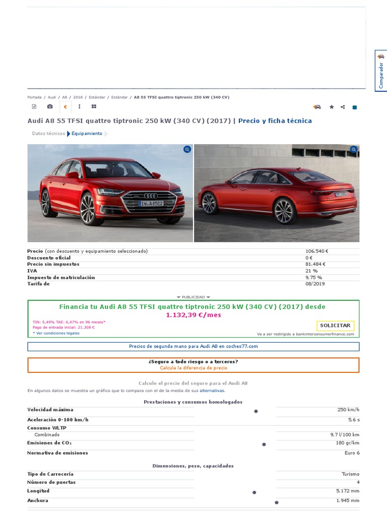 Audi A8 55 TFSI Quattro Tiptronic 250 KW (340 CV) (2017) - Precio y Ficha Técnica PDF | PDF ...