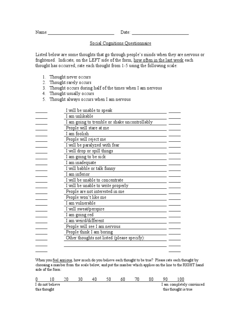 Social Cognitions Questionnaire | PDF | Thought | Clinical Psychology