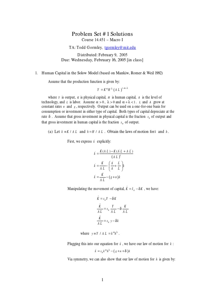 Problem Set #1 Solutions: Due: Wednesday, February 16, 2005 (In Class ...