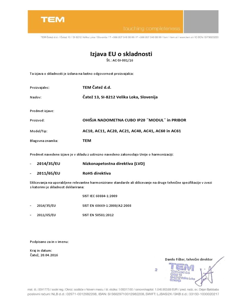 SI - CE - Izjava o Skladnosti (AC - Ohi Íja Nadometna Cubo IP20 Modul - TEM) - 201 | PDF