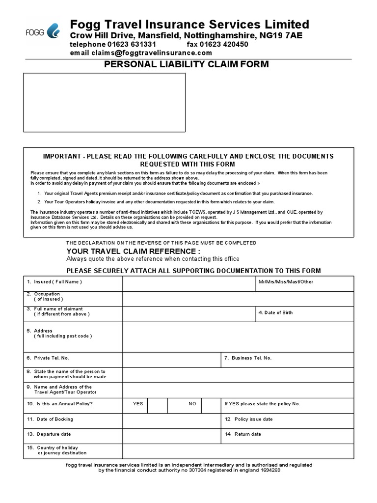 Fogg Travel Insurance Services Limited: Personal Liability Claim Form ...
