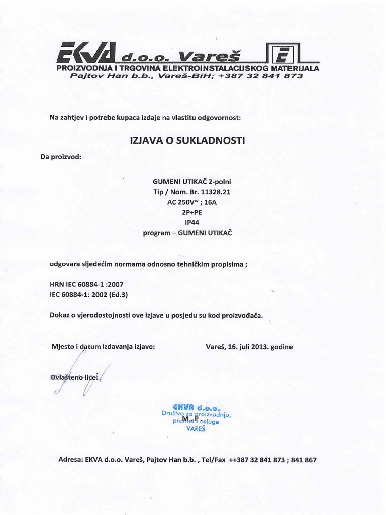 Izjava o Sukladnosti Gumeni Utikač | PDF