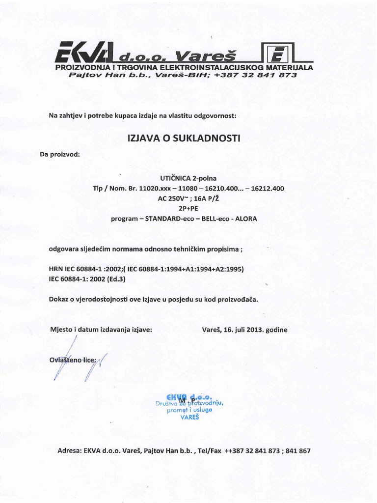 Izjava o Sukladnosti Utičnice | PDF