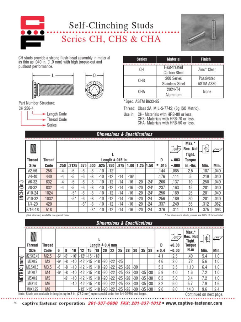 Self-Clinching Studs Specifications Guide | PDF | Metals | Metalworking