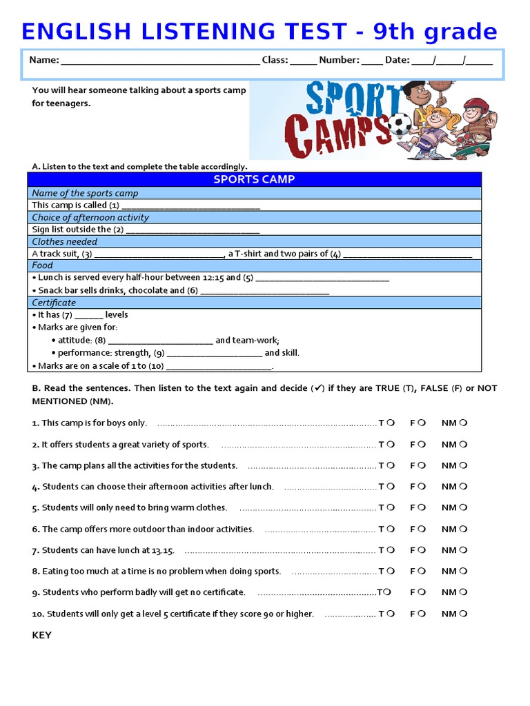 Listening Test Sports Camps A2b1 Information Gap Activities Tests ...