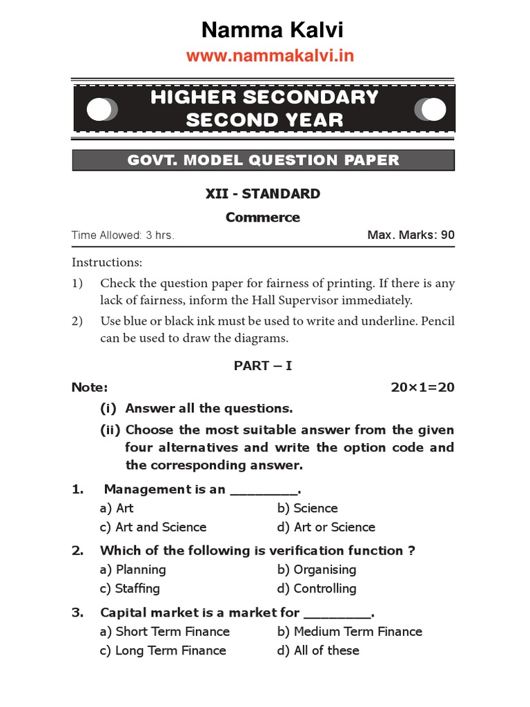 Namma Kalvi 12th Commerce Model Question Papers em 2020 217203 | PDF ...