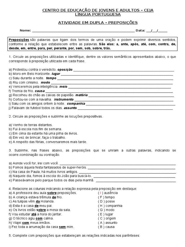 Exercício Preposições | PDF | Preposição e posposição