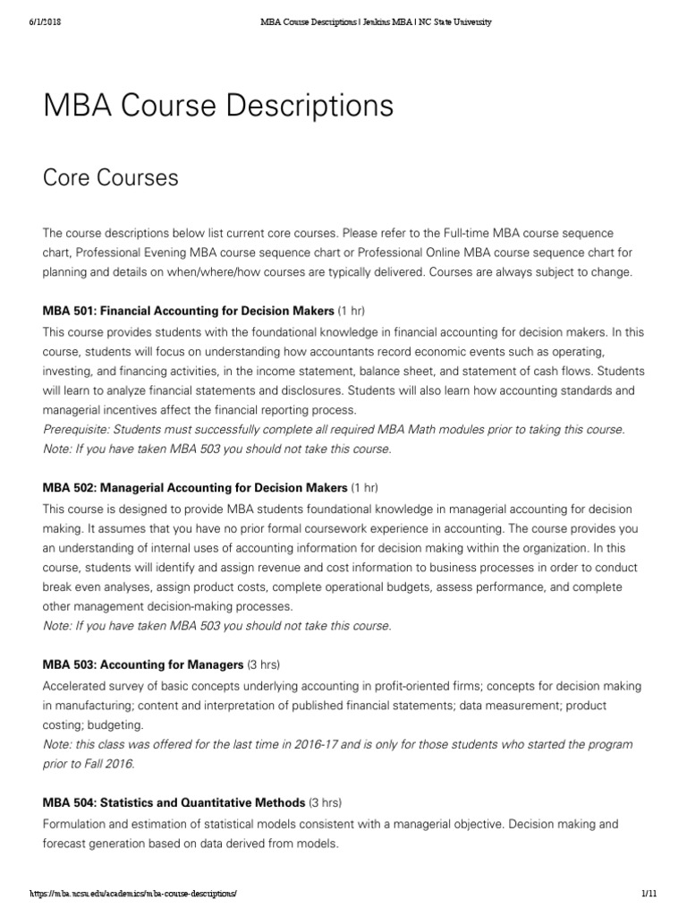 MBA Course Descriptions - Jenkins MBA - NC State University | Download ...