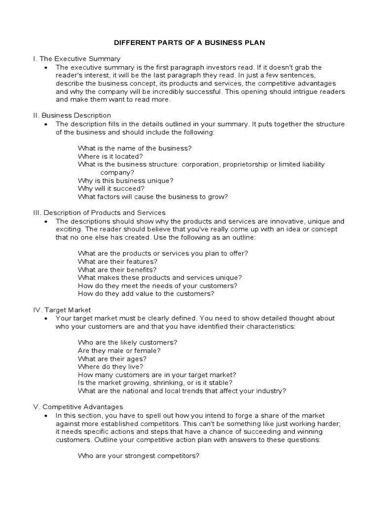 Different Parts of A Business Plan | PDF | Competitive Advantage ...