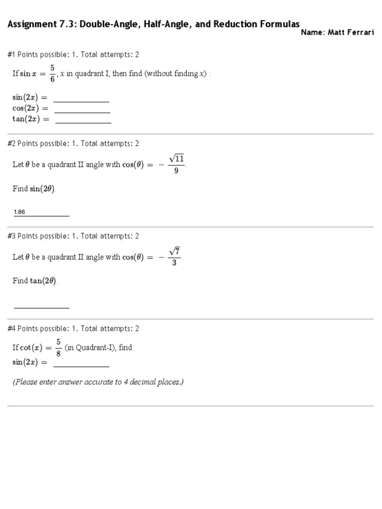 Assignment 7.3: Double-Angle, Half-Angle, and Reduction Formulas | PDF ...
