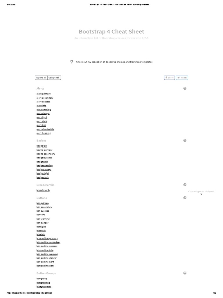 Bootstrap 4 Cheat Sheet The Ultimate List Of Bootstrap Classes Pdf Pdf Bootstrap Front 2815