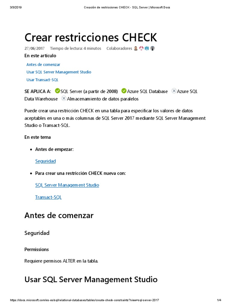Creación de Restricciones CHECK - SQL Server - Microsoft Docs | PDF ...