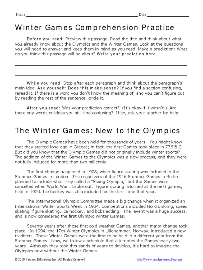 Winter Games Comprehension Practice: Before You Read | PDF | Winter ...