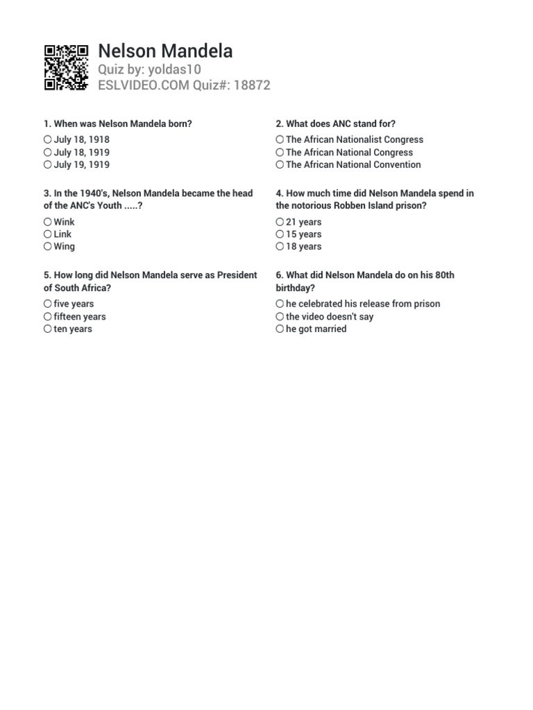 Nelson Mandela: Quiz By: Yoldas10 | PDF