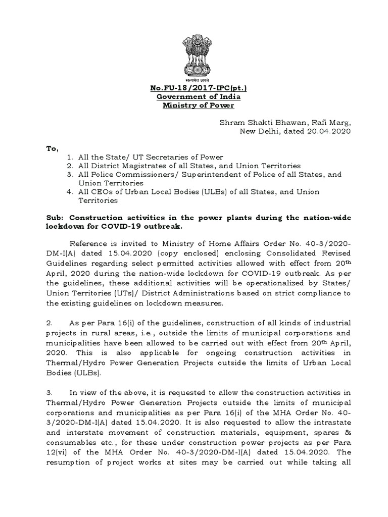 MoP Advisory Dated 20-04-2020 - Permission To Construction Activities ...