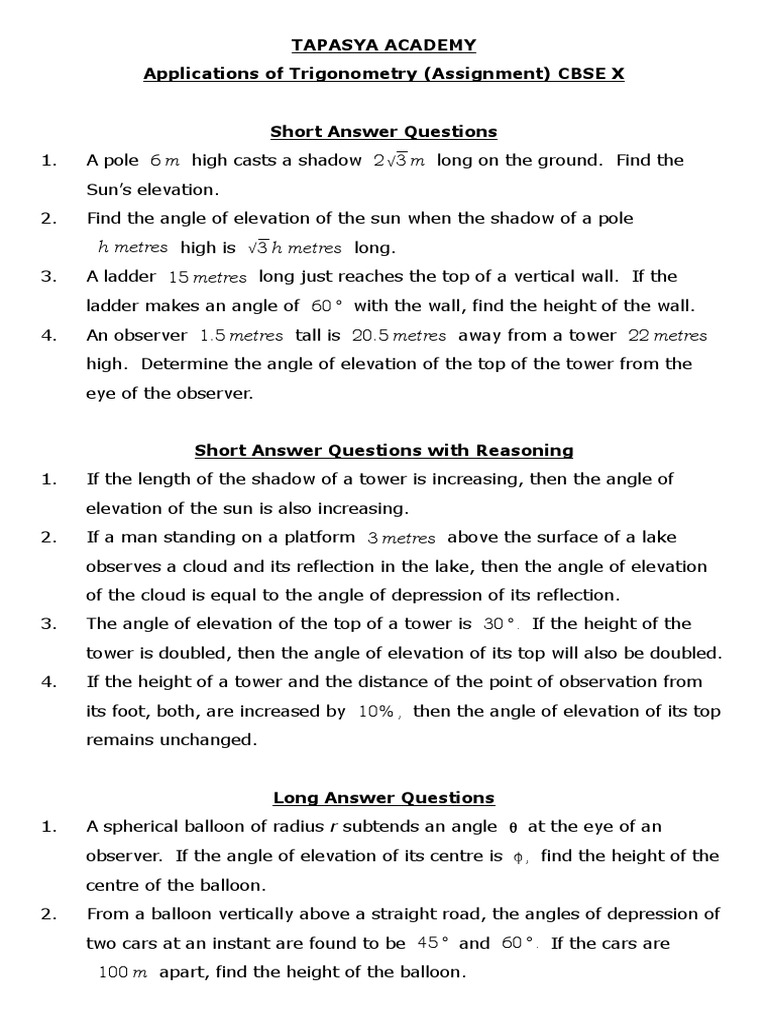Cbse X Assignment Applications of Trigonometry PDF | PDF | Angle | Shadow