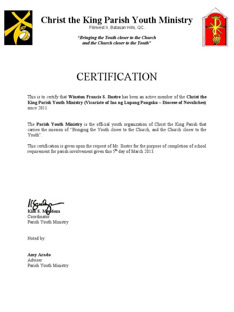 Certification: Christ The King Parish Youth Ministry | PDF