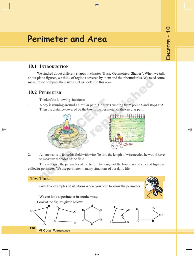 VI CLASS MATHEMATICS 130 Perimeter and A PDF | PDF | Area | Length