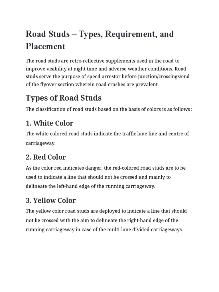 Road Studs - Types, Requirement, and Placement | Download Free PDF ...