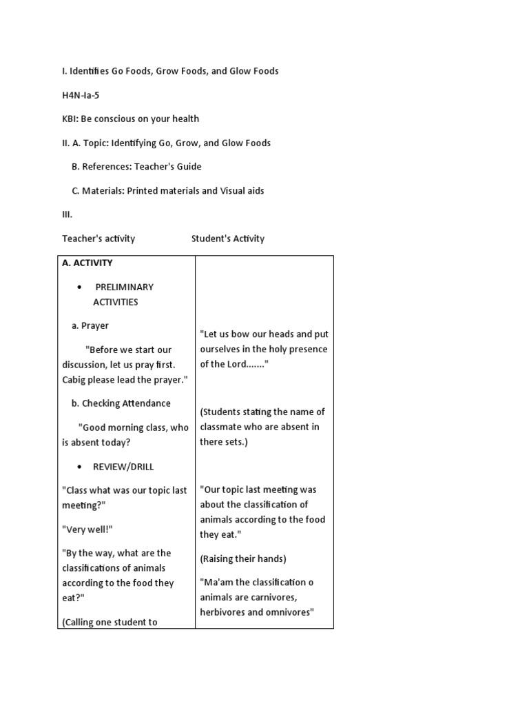 Go, Grow, Glow Foods Lesson Plan | PDF | Foods | Food And Drink