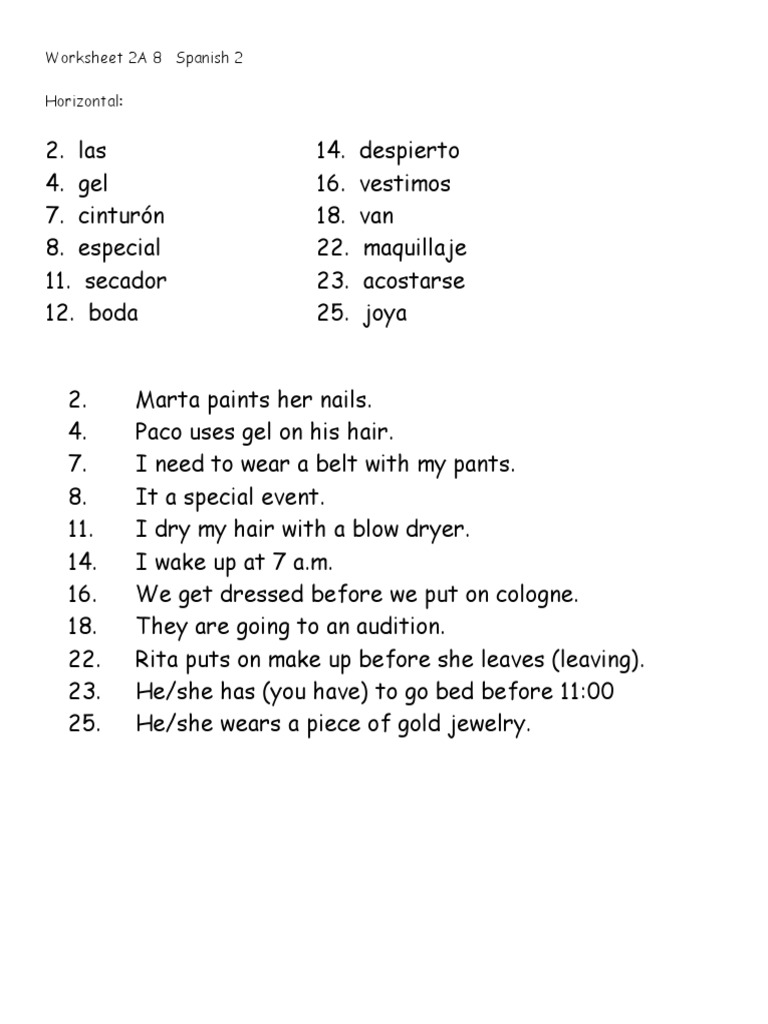 Worksheet 2A 8 Spanish 2 | PDF