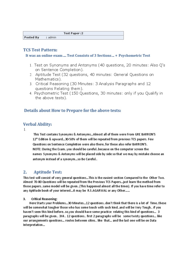 Tcs Test Pattern | PDF | Test (Assessment) | Cognition