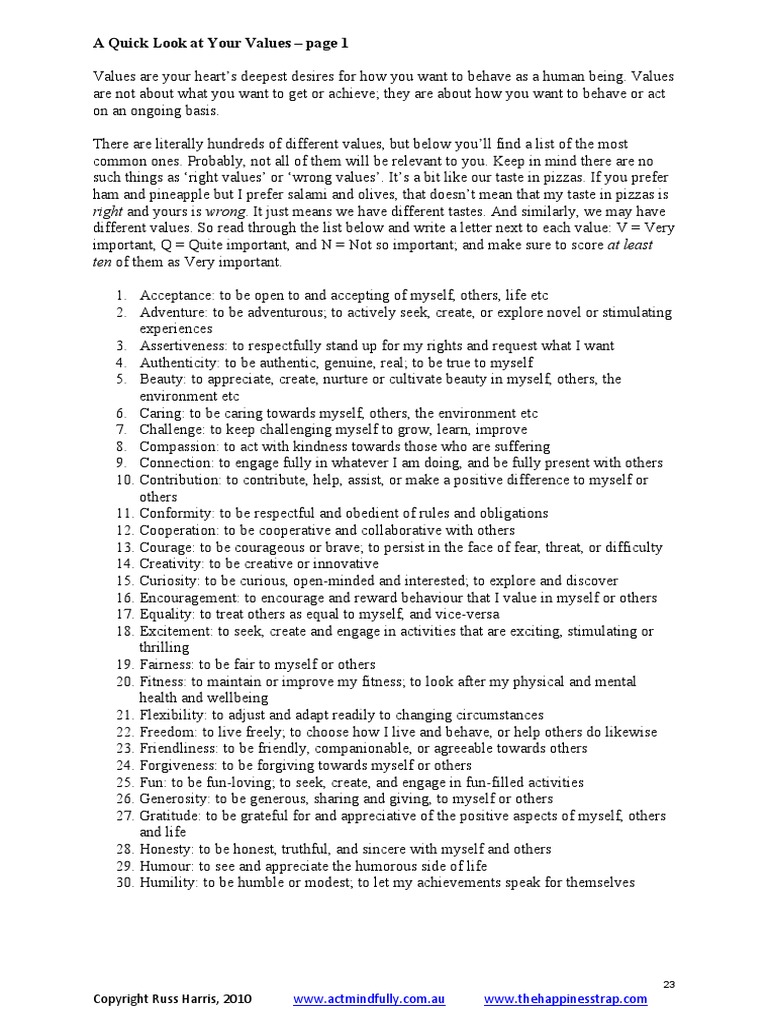 Values Checklist | PDF | Intimate Relationships | Romance (Love)