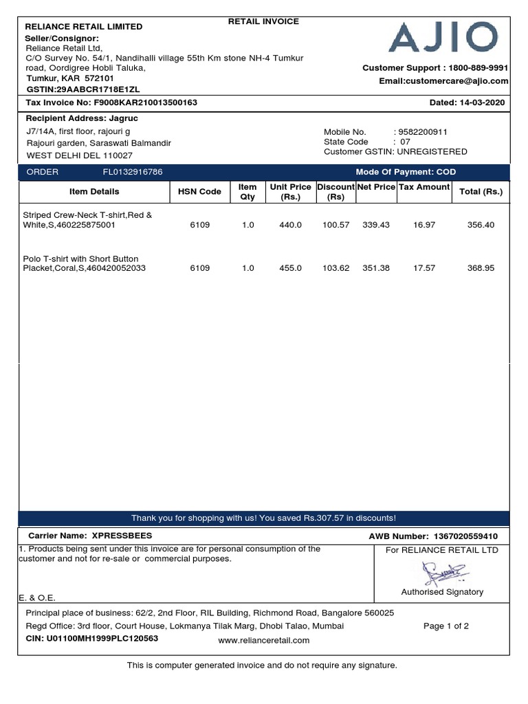Order FL0132916786: Mode of Payment: COD | PDF | Invoice | Taxes