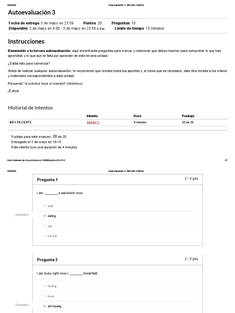Autoevaluación Inglés II - Semana 2 | PDF