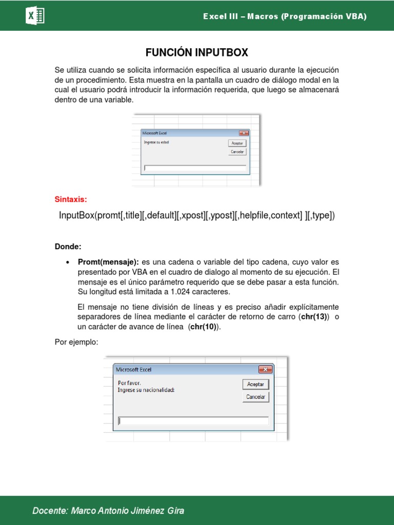 Funciones Inputbox y Msgbox Excel Vba | Descargar gratis PDF | Macro (informática) | Microsoft Excel