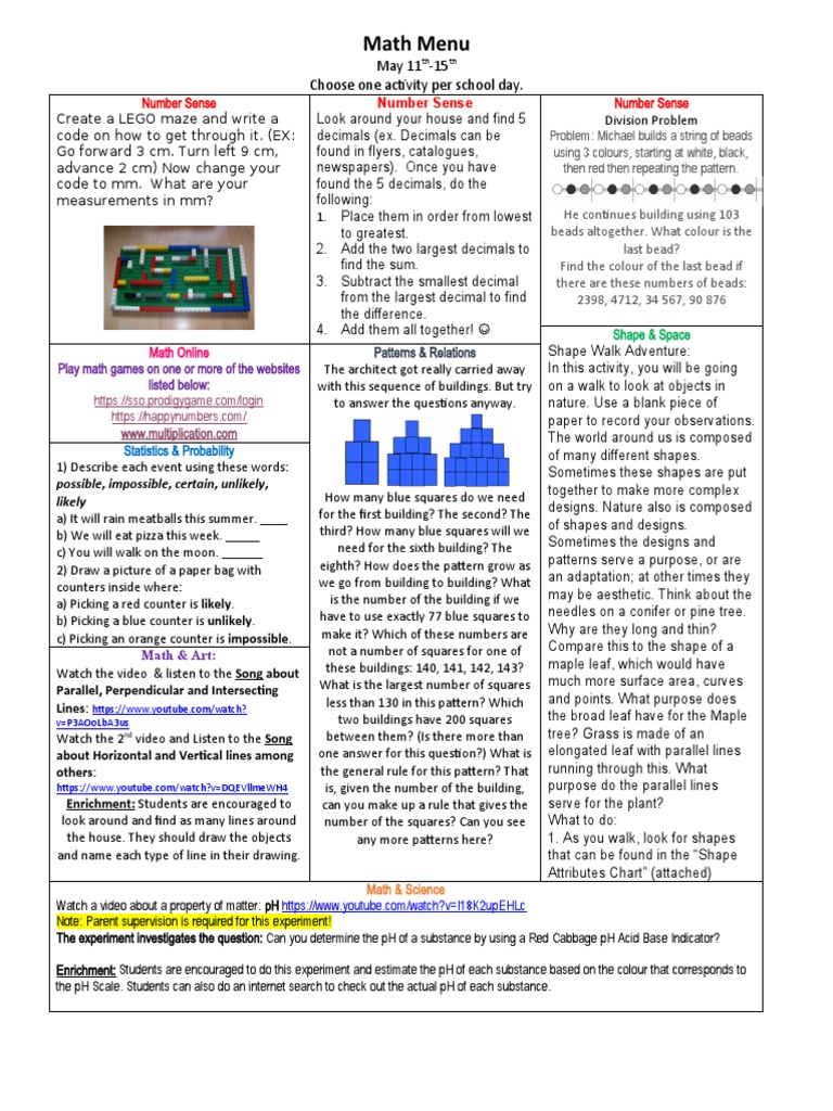 Week 6 Math Menu May 11-15 | PDF | Teaching Mathematics | Nature
