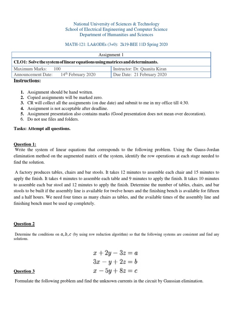 Assignment # 1 Linear Algebra | PDF | System Of Linear Equations ...