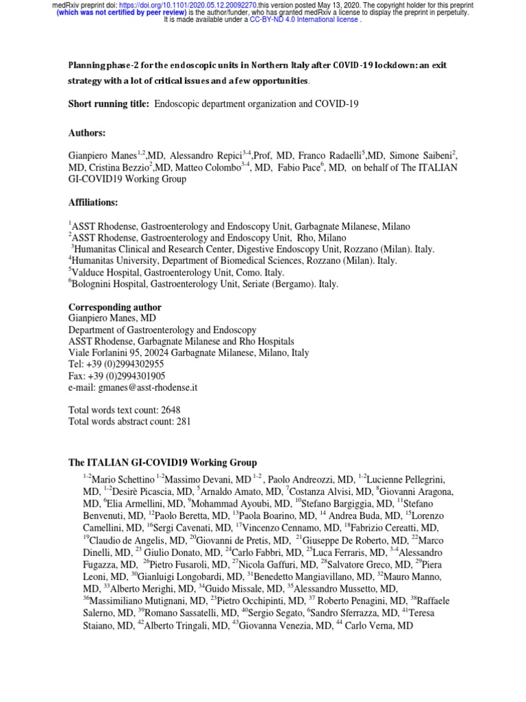 Short Running Title: Endoscopic Department Organization and COVID-19 ...