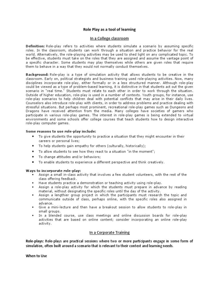 Role Play As A Tool of Learning | PDF | Role Playing | Simulation