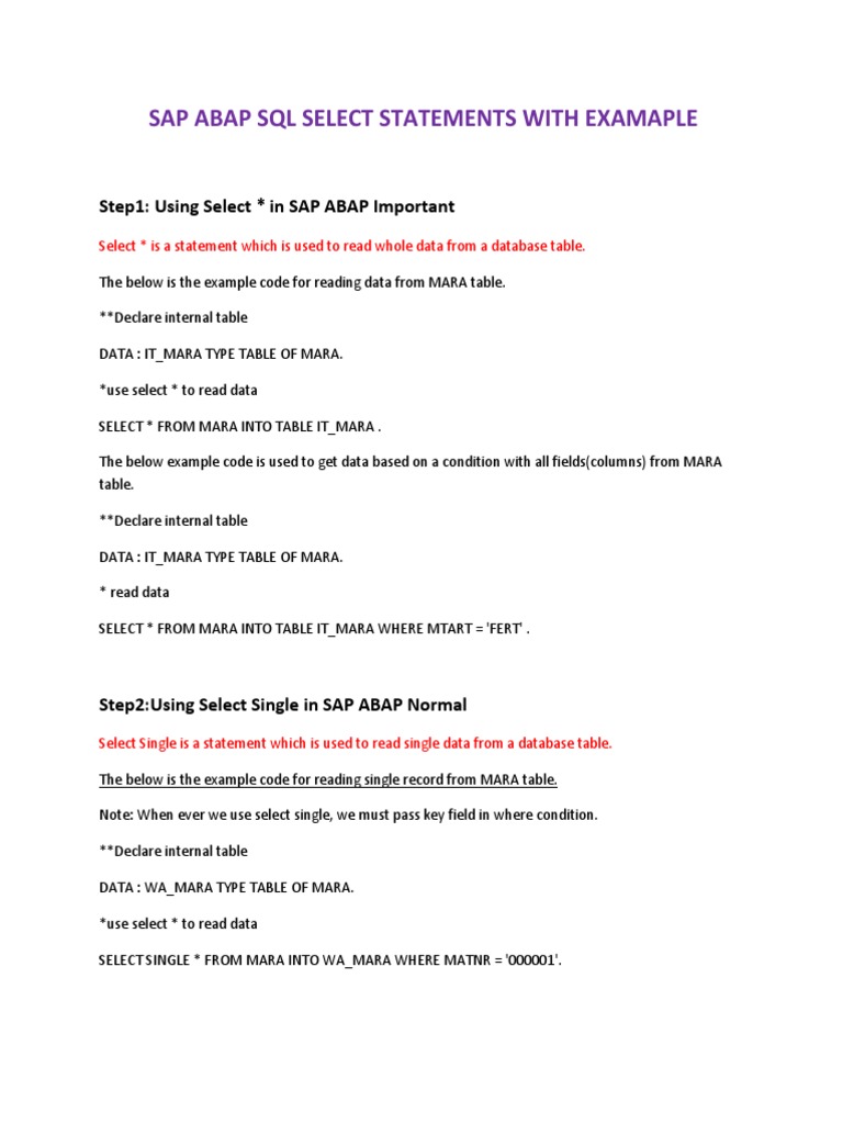 Sap Abap SQL Select Statements With Examaple | PDF | Table (Database ...