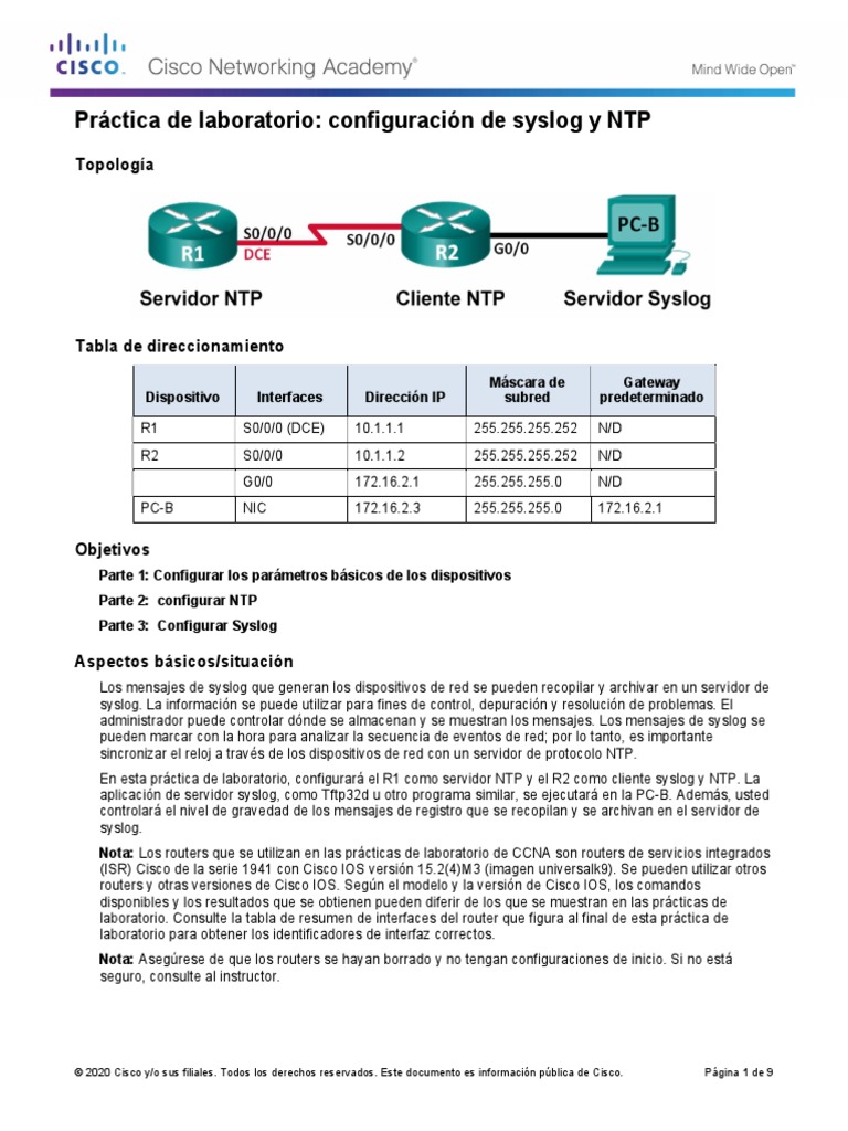 10.2.3.6 Lab - Configuring Syslog and NTP | PDF | Enrutador (Computación) | Dirección IP