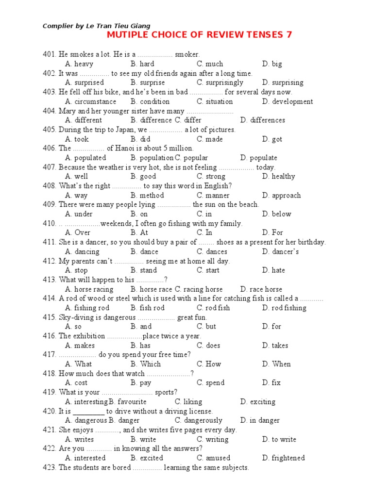 Multiple Choice Review of English Tenses: A Compilation of Questions ...