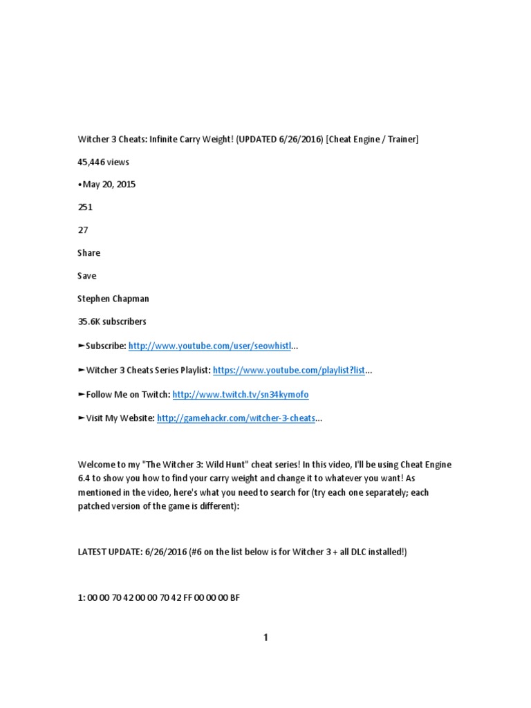 Cheat Engine - Witcher 3 - Carry Weight | PDF