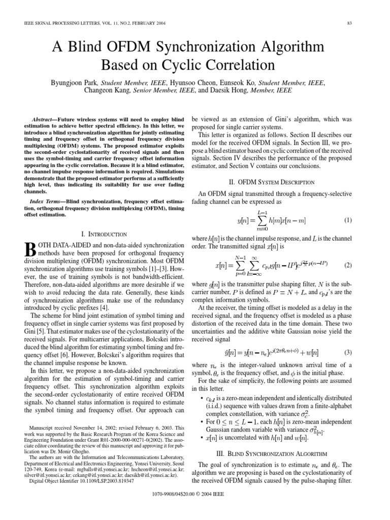 A Blind OFDM Synchronization Algorithm Based On Cyclic Correlation ...