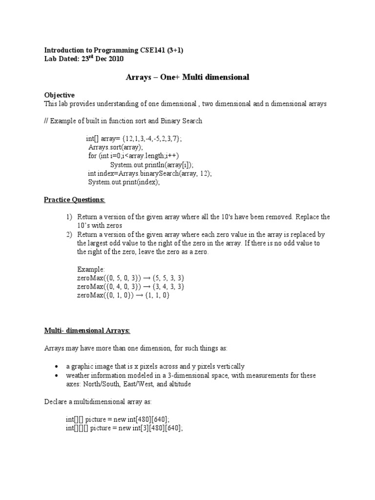 Arrays One Multi Dimensional Introduction To Programming Cse141 3