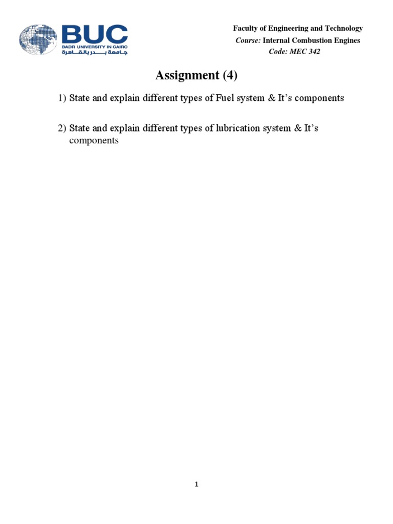 Assignment (4) : 1) State and Explain Different Types of Fuel System ...