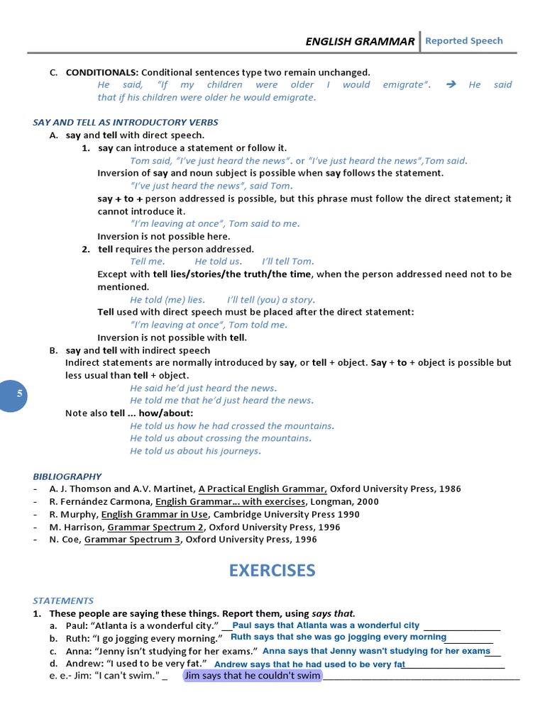 Exercises - Reported Speech PDF | Download Free PDF | Object (Grammar) | Semiotics